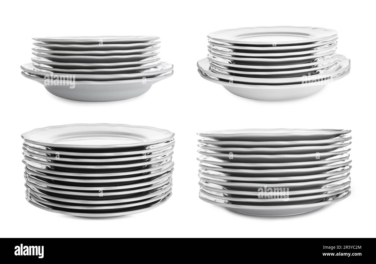 Collage of stacks of ceramic plates on white background Stock Photo - Alamy