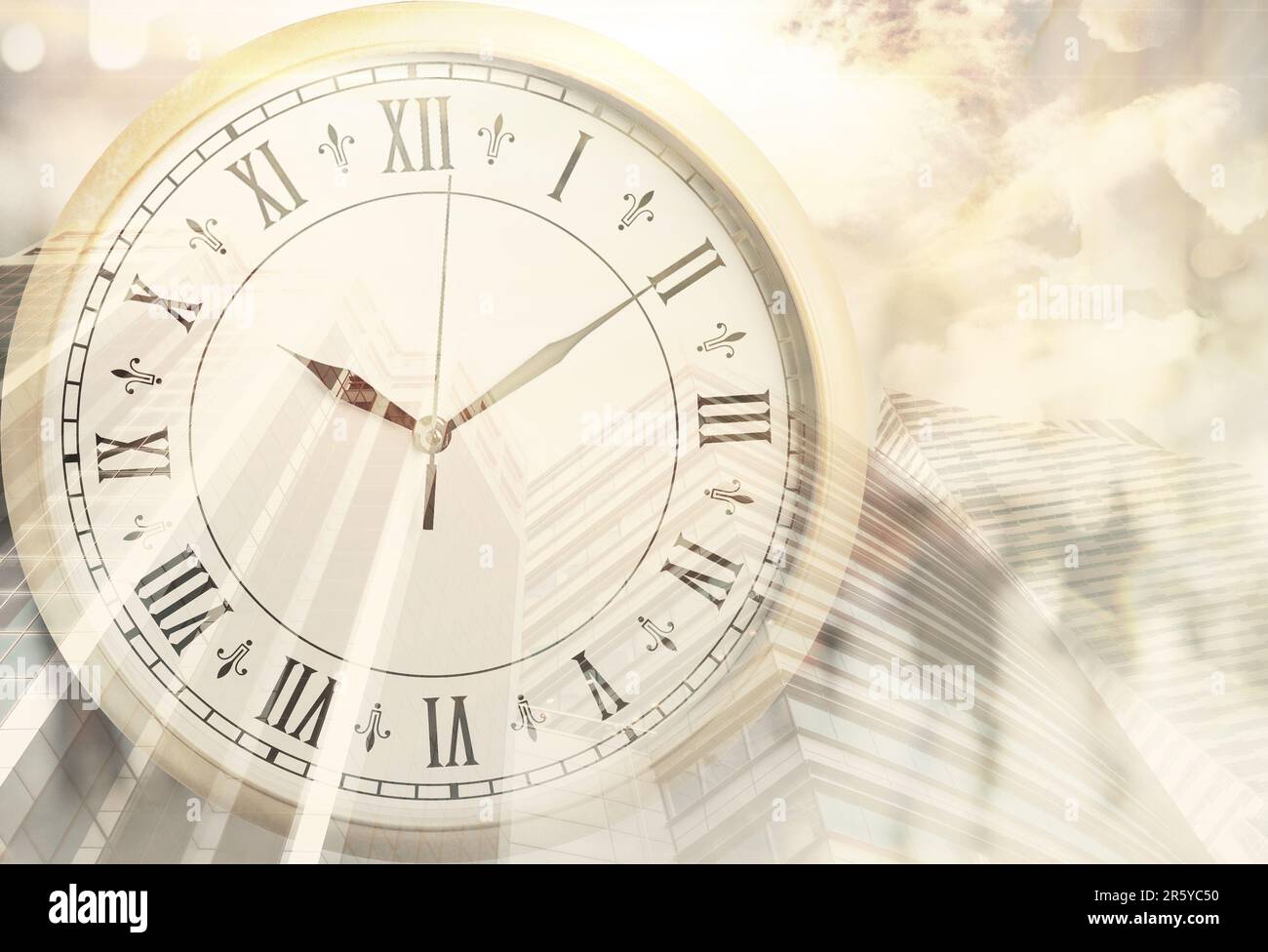 Time related concepts. Multiple exposure of clock, office buildings ...