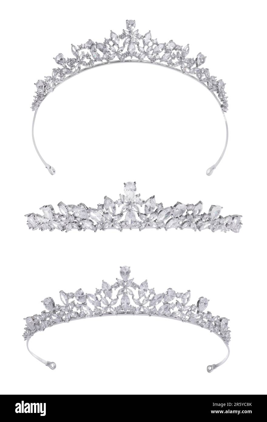 Collage of beautiful silver tiara with diamonds on white background ...