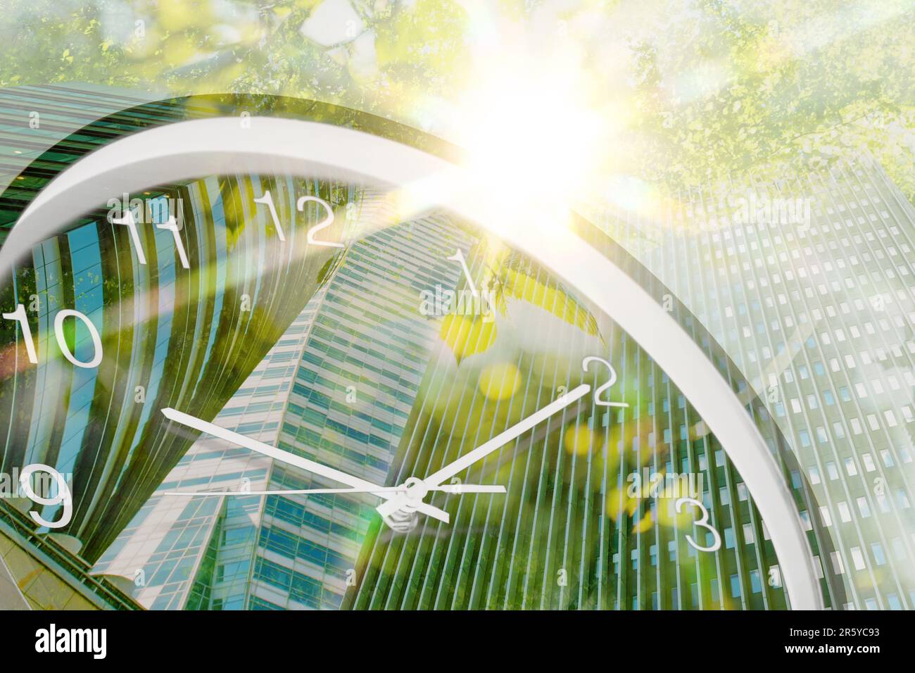 Time related concepts. Multiple exposure of clock, office buildings and ...