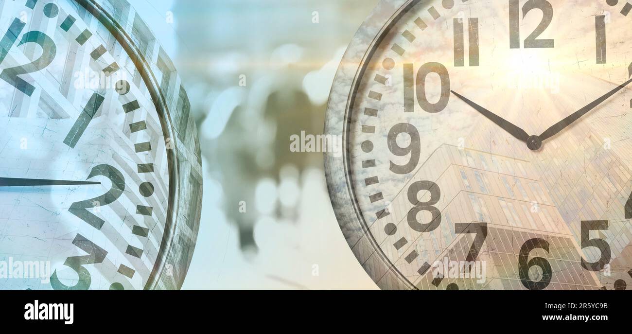Time related concepts. Multiple exposure of clocks, office buildings ...