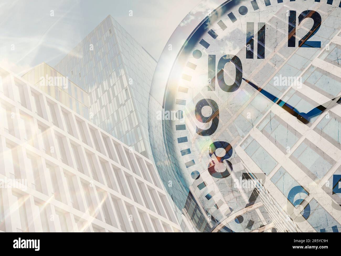 Time related concepts. Double exposure of clock and office buildings ...