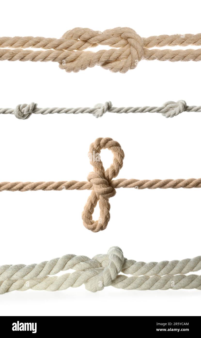 Set of different ropes with knots on white background, closeup Stock ...