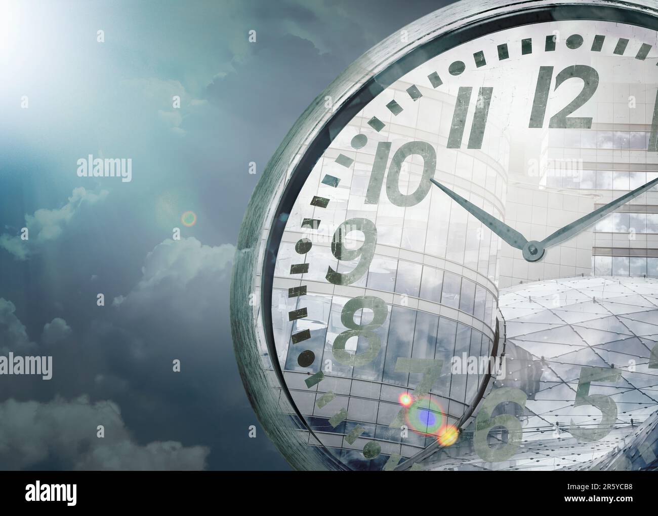 Time related concepts. Multiple exposure of clock, office buildings and ...