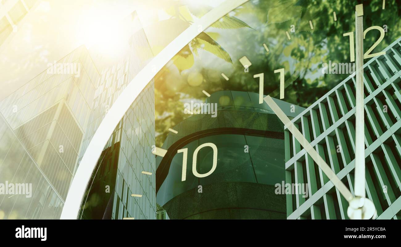 Time related concepts. Multiple exposure of clock, office buildings and ...
