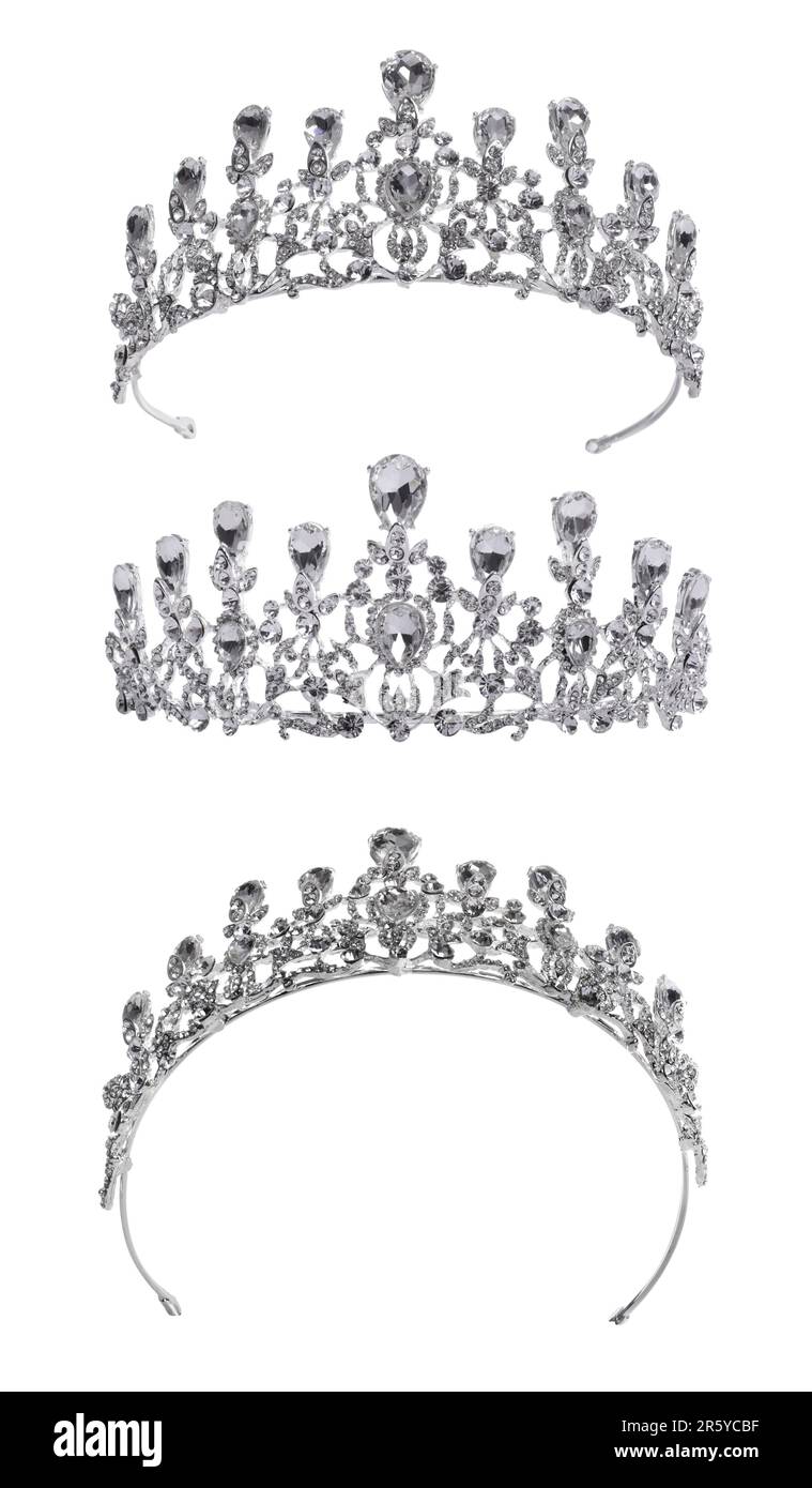 Collage of beautiful silver tiara with diamonds on white background ...