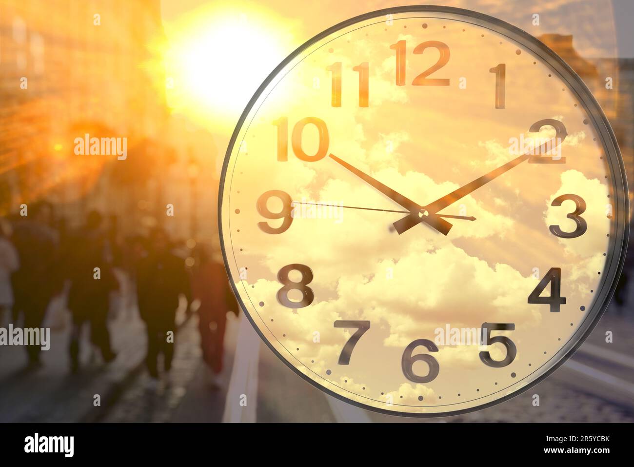 Time related concepts. Multiple exposure of clock, sky and people Stock ...