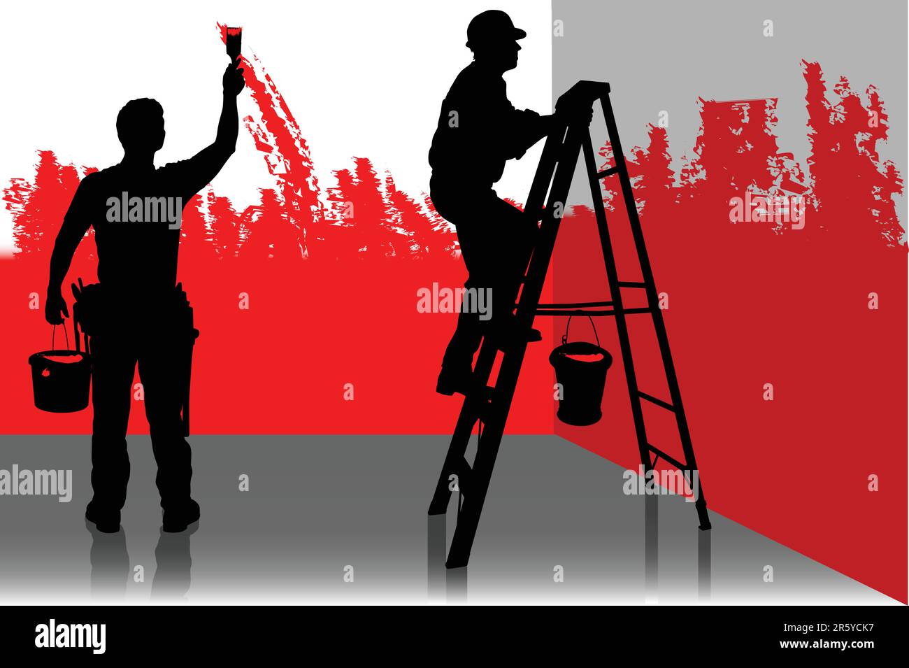 Two painter painting a room in red color, people at work Stock Vector ...