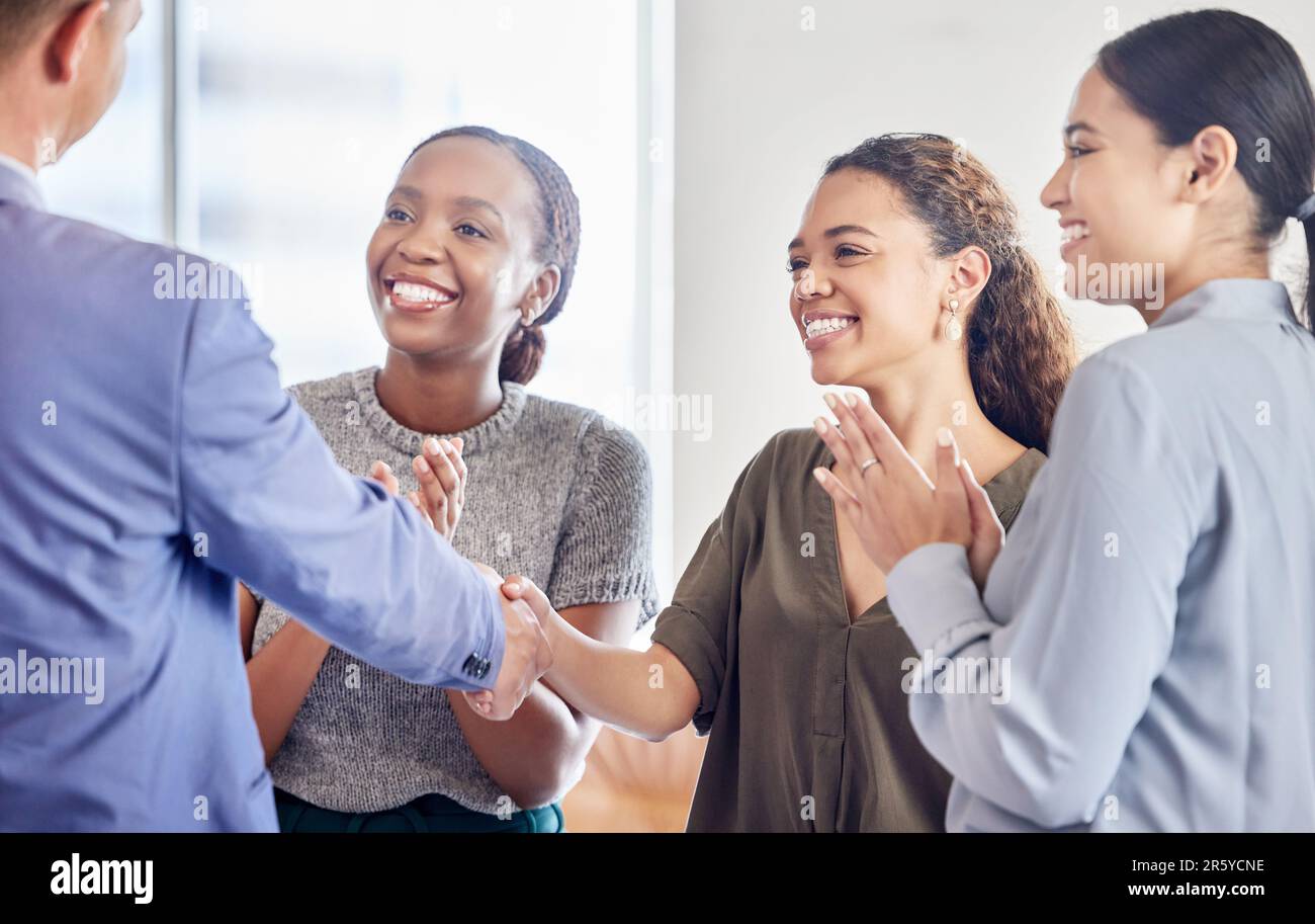 Business people, handshake and applause in meeting for introduction, hiring or welcome at office ...