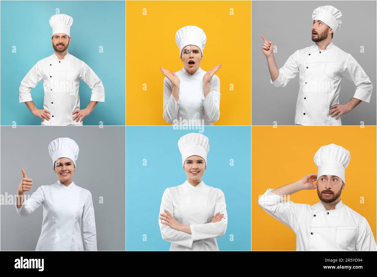 Chefs in uniforms on different color backgrounds, collage design Stock ...