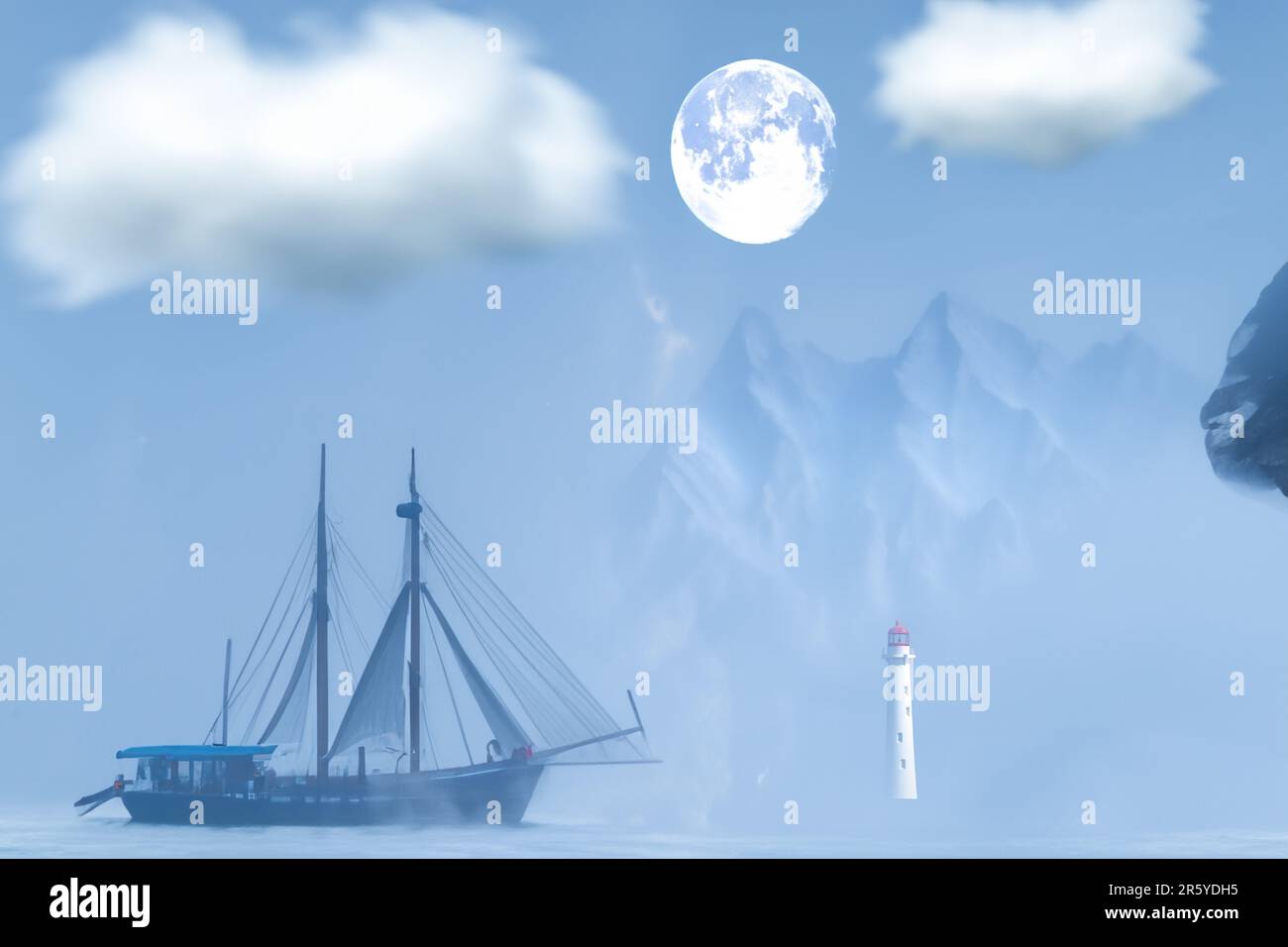 A small ship sails by the lighthouse in the evening Stock Photo - Alamy