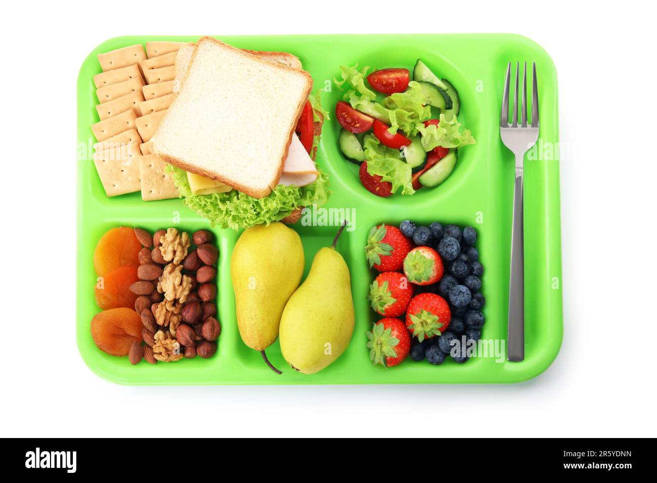 Green tray with tasty food on white background, top view. School lunch Stock Photo - Alamy