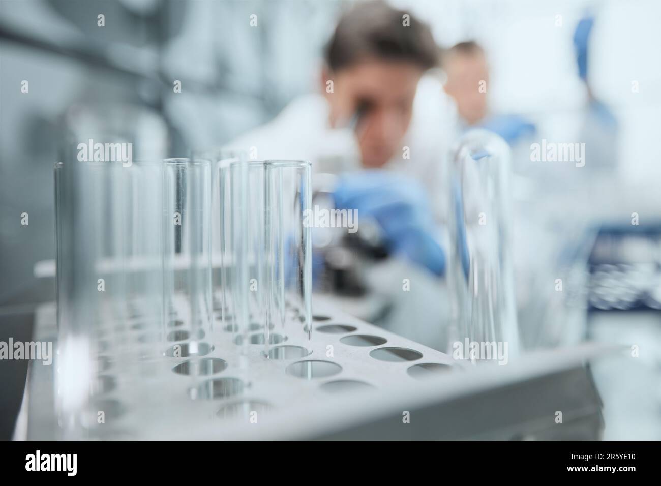Scientist looks through a microscope in a laboratory. research concept ...
