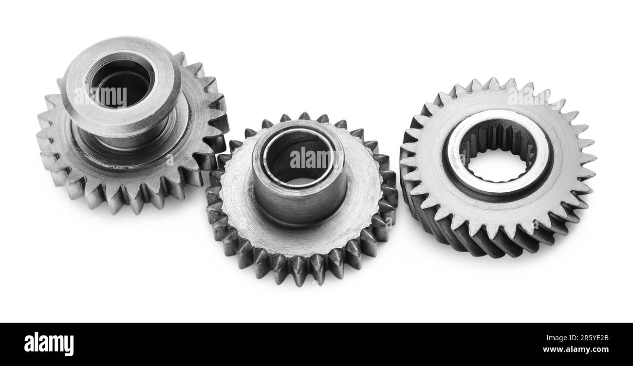 Different stainless steel gears on white background Stock Photo - Alamy