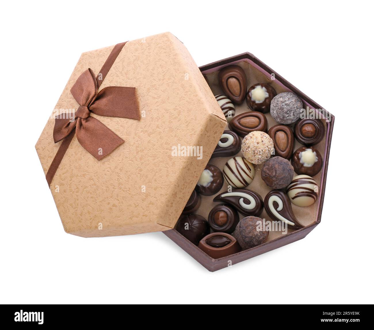 Box of delicious chocolate candies isolated on white, top view Stock ...