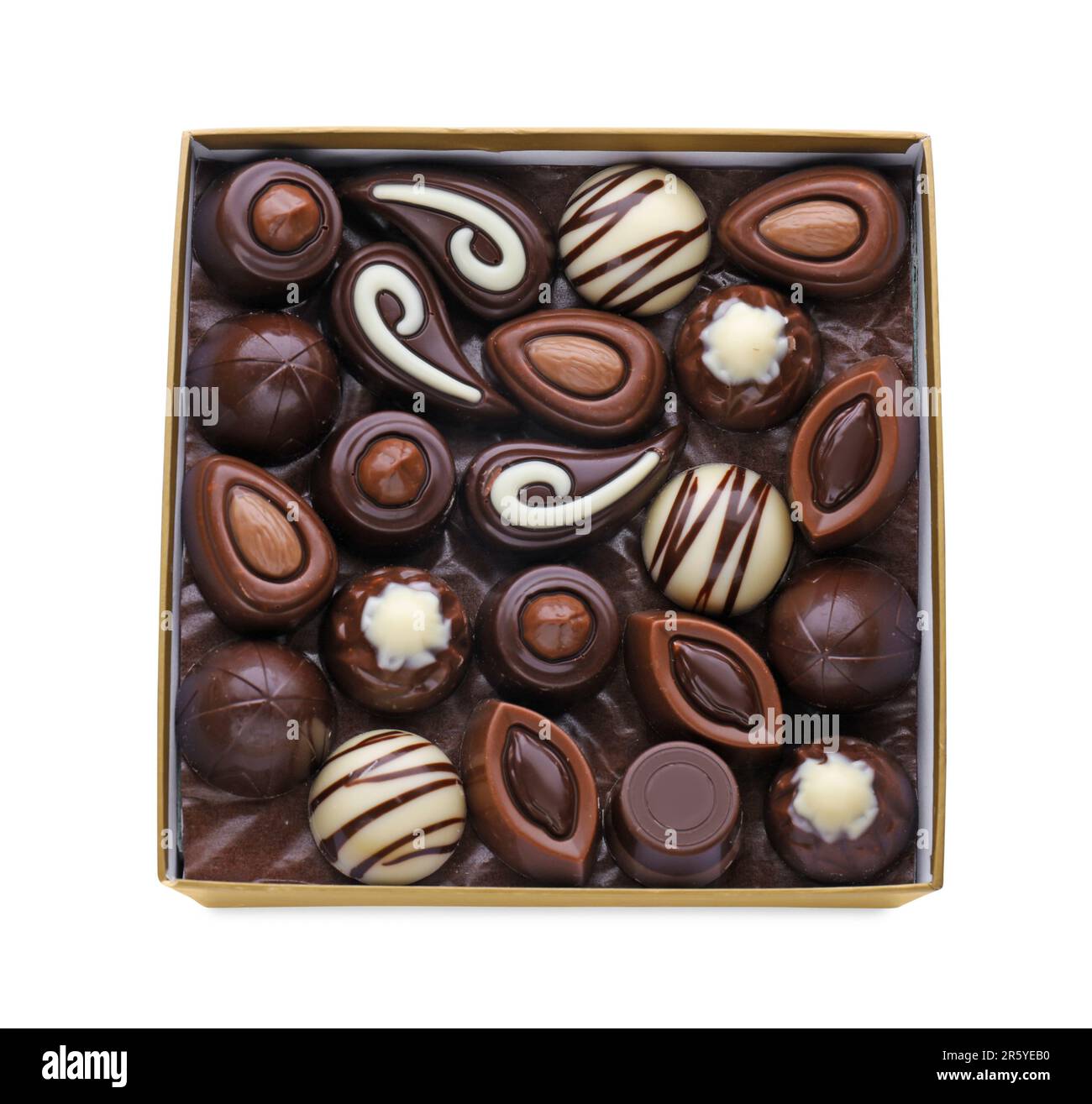 Box of delicious chocolate candies isolated on white, top view Stock ...