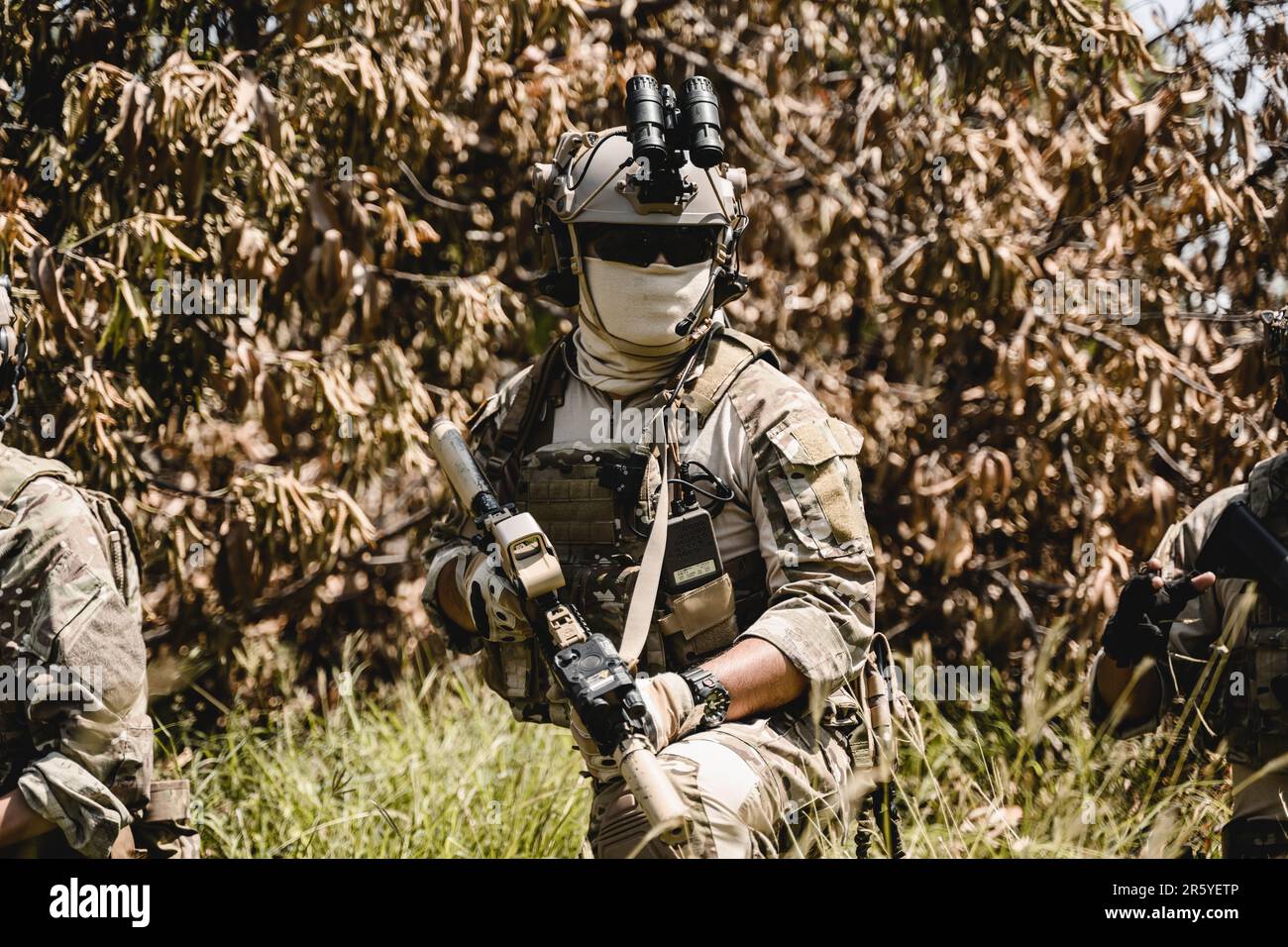 Soldiers running forward and attacking enemy during military operation ...