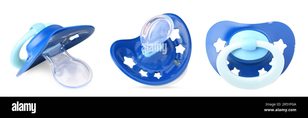 Collage of baby pacifier on white background, views from different ...