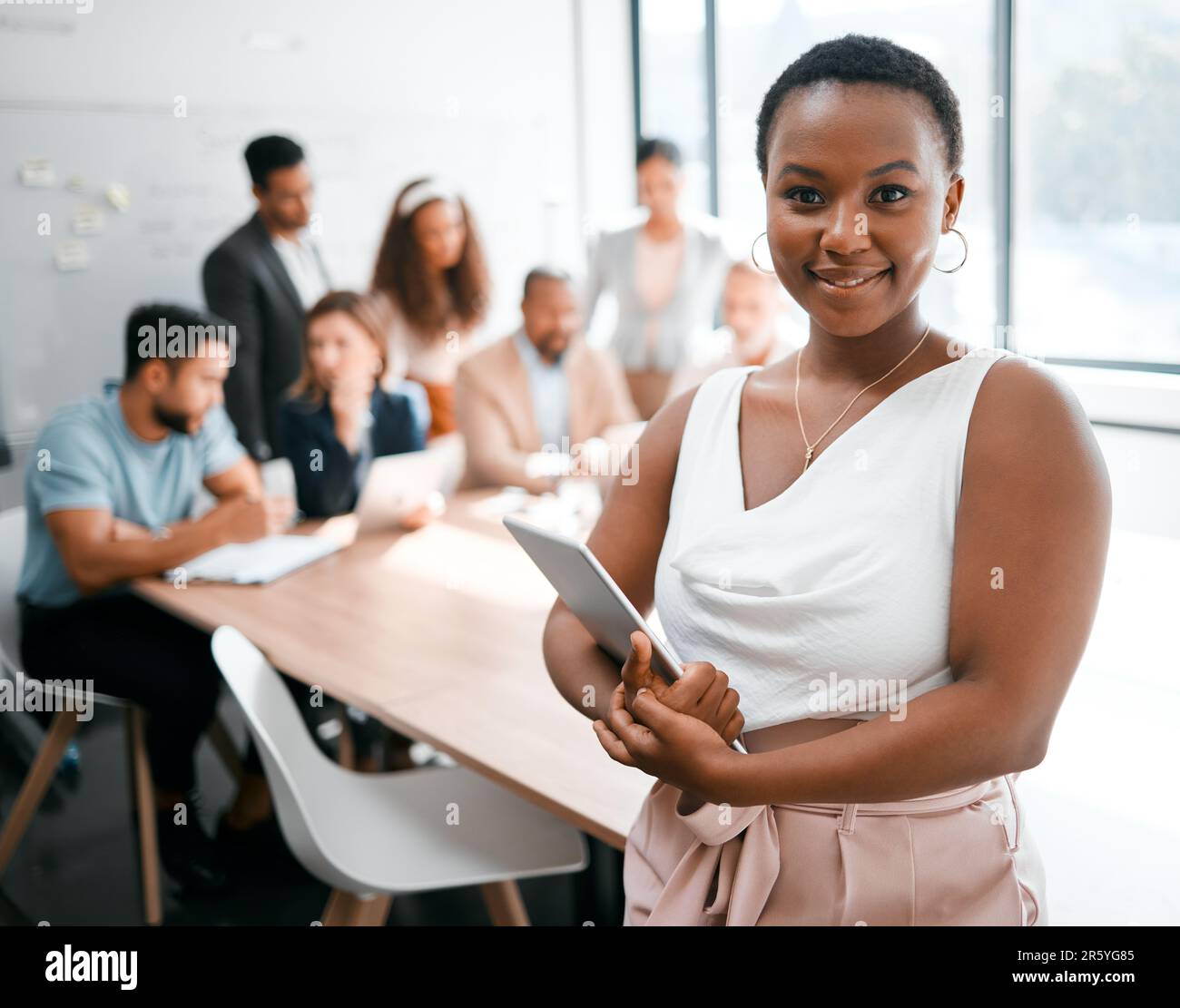 Black woman in business, smile in portrait and tablet, leadership and ...