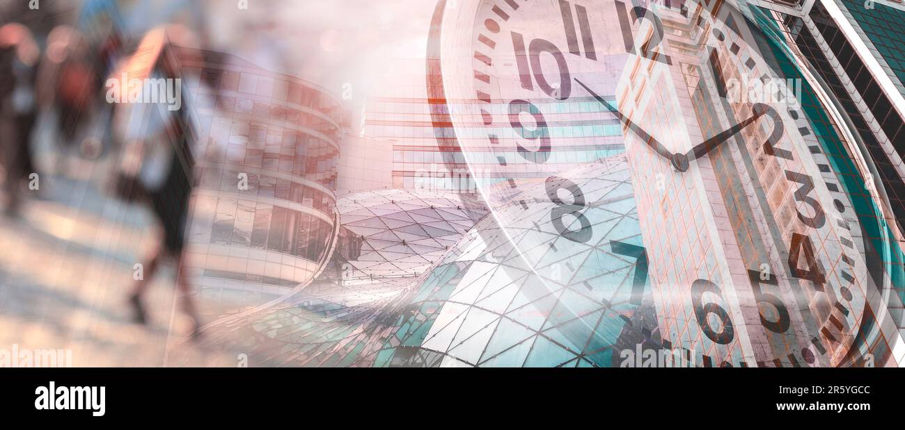 Time related concepts. Multiple exposure of clock, office buildings and ...
