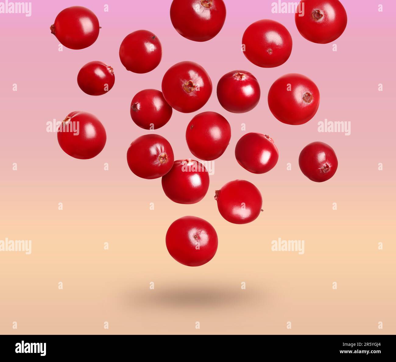 Delicious ripe cranberries falling on color background Stock Photo - Alamy