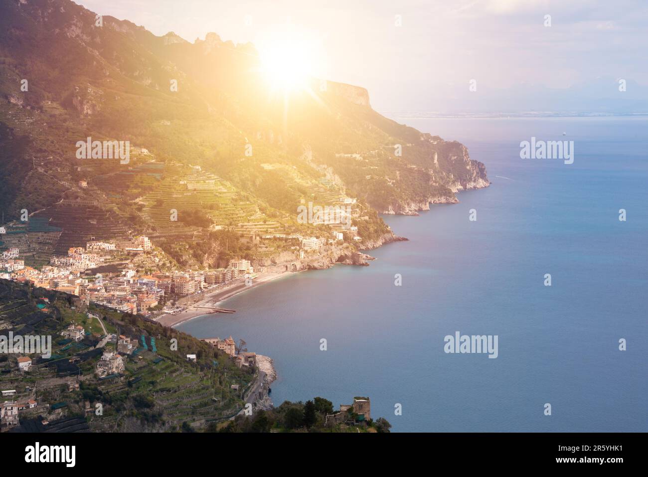 Panoramic view of sea coast in Italy. Mediterranean coastal landscape ...
