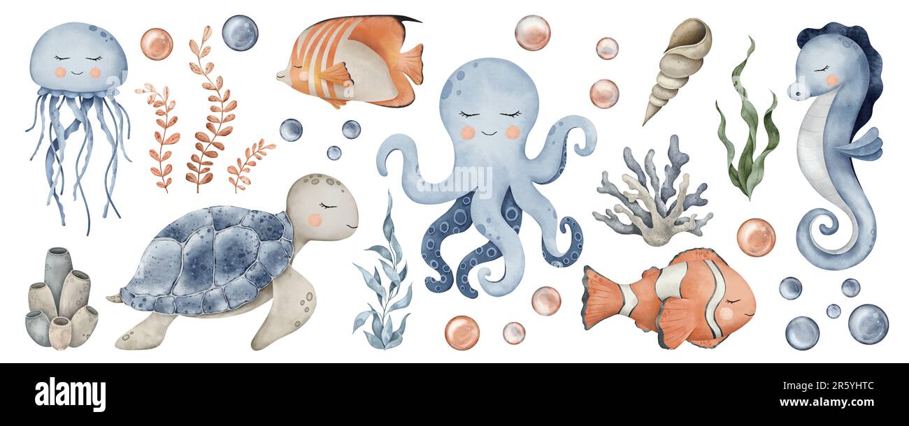 Large set of Underwater Animals. Cute undersea bundle with octopus ...