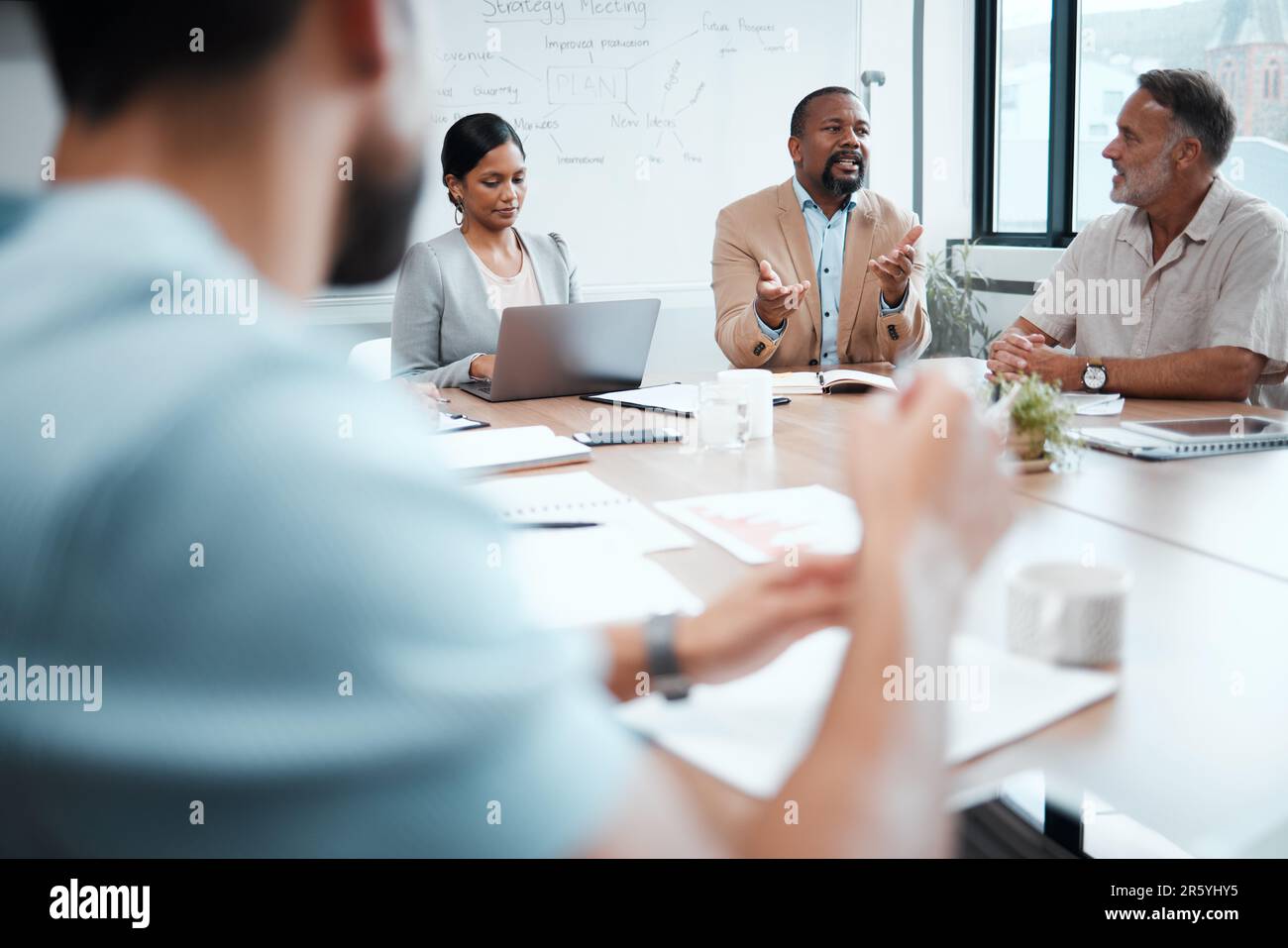 Business people, coaching and meeting in teamwork strategy, planning or brainstorming at office ...