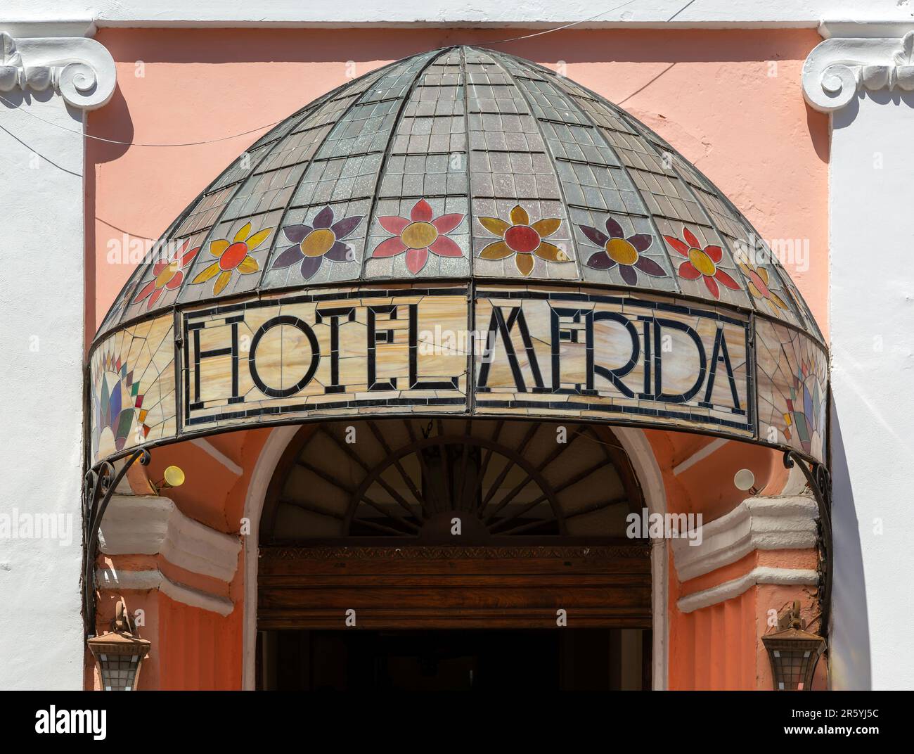 Stained glass canopy entrance to colonial style Hotel Merida, Merida ...