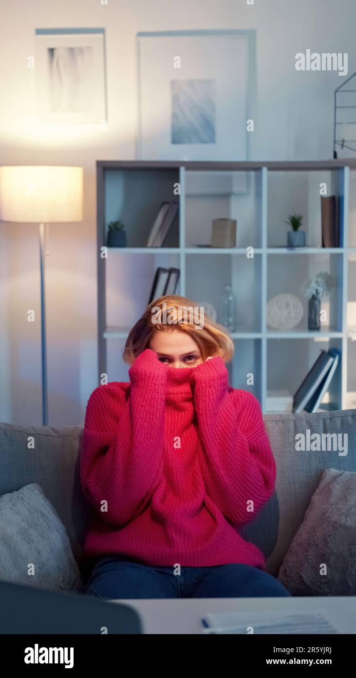 Shy woman hiding face uncomfortable situation Stock Photo - Alamy