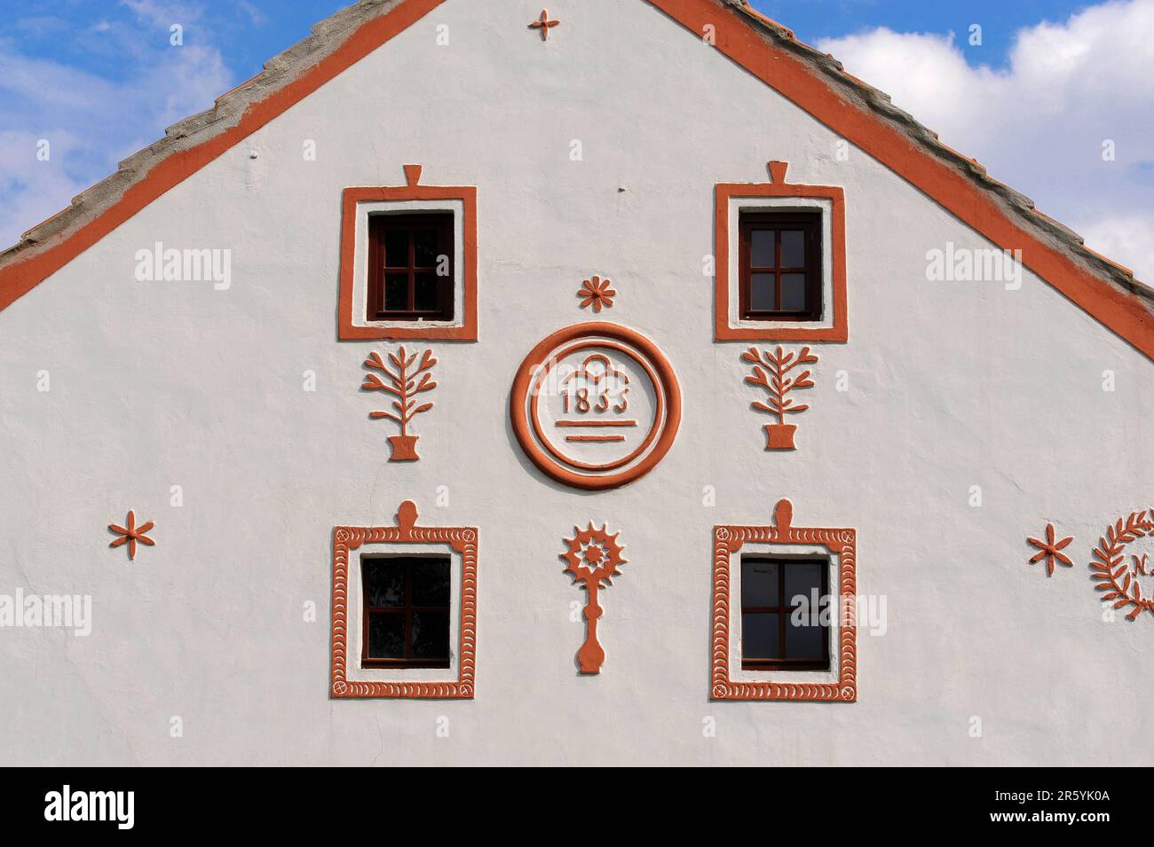 Gable of farmer’s house built in 1855 in Holašovice, South Bohemia ...