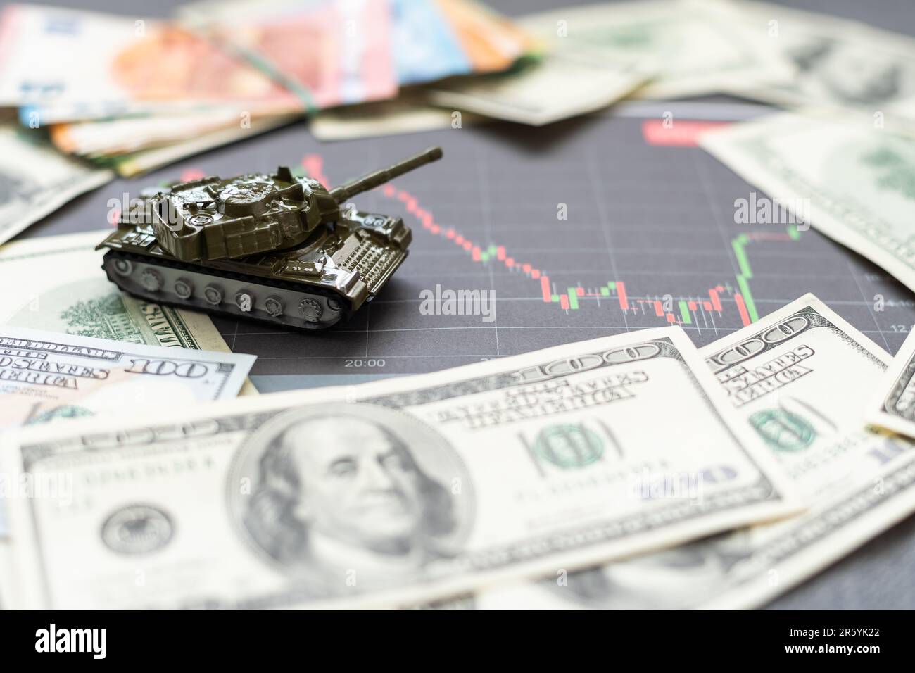 The main battle tank on US dollar bill banknotes background. U.S.A. and ...