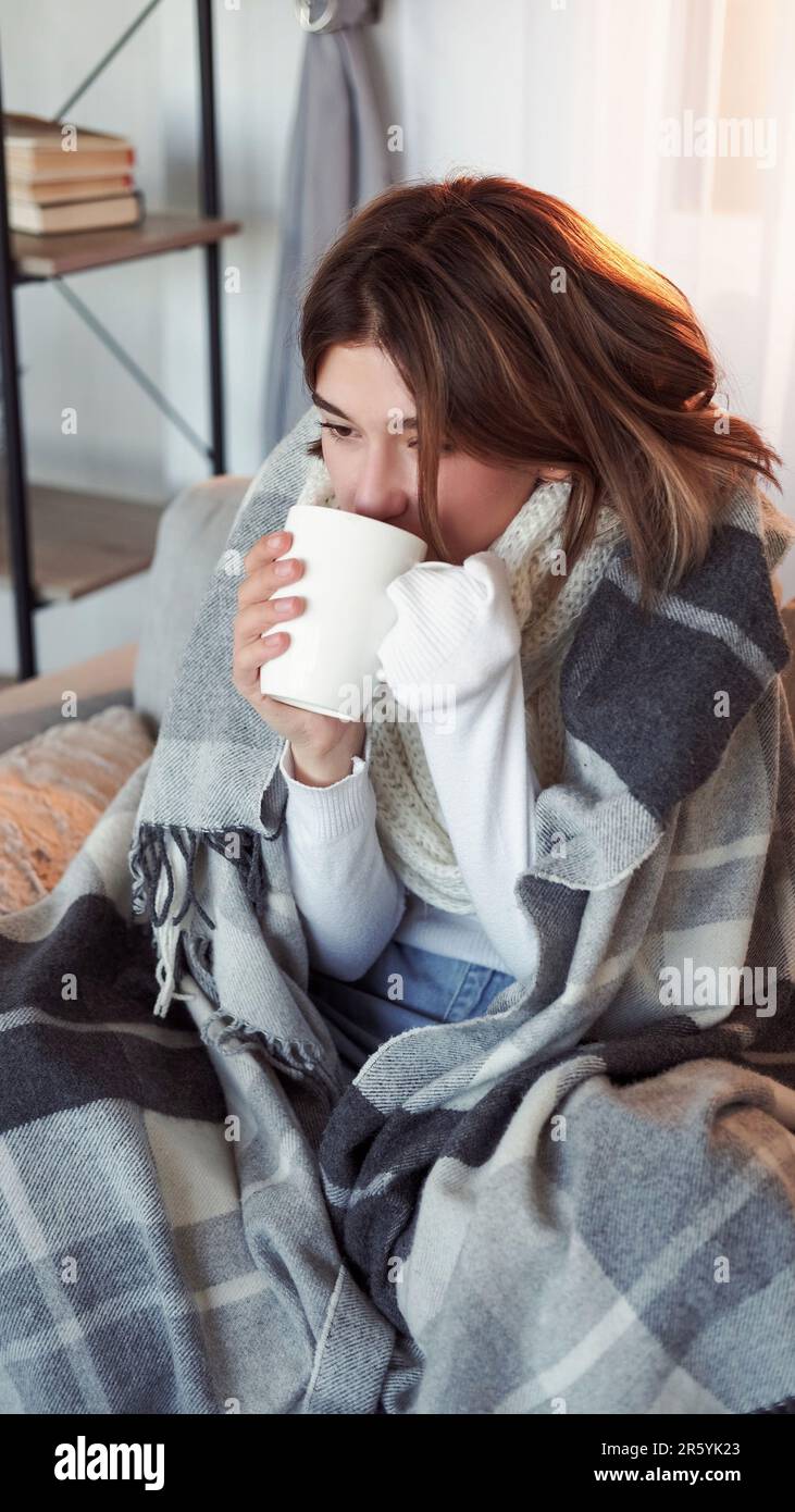 Fever disease sick woman home recovery shivering Stock Photo - Alamy