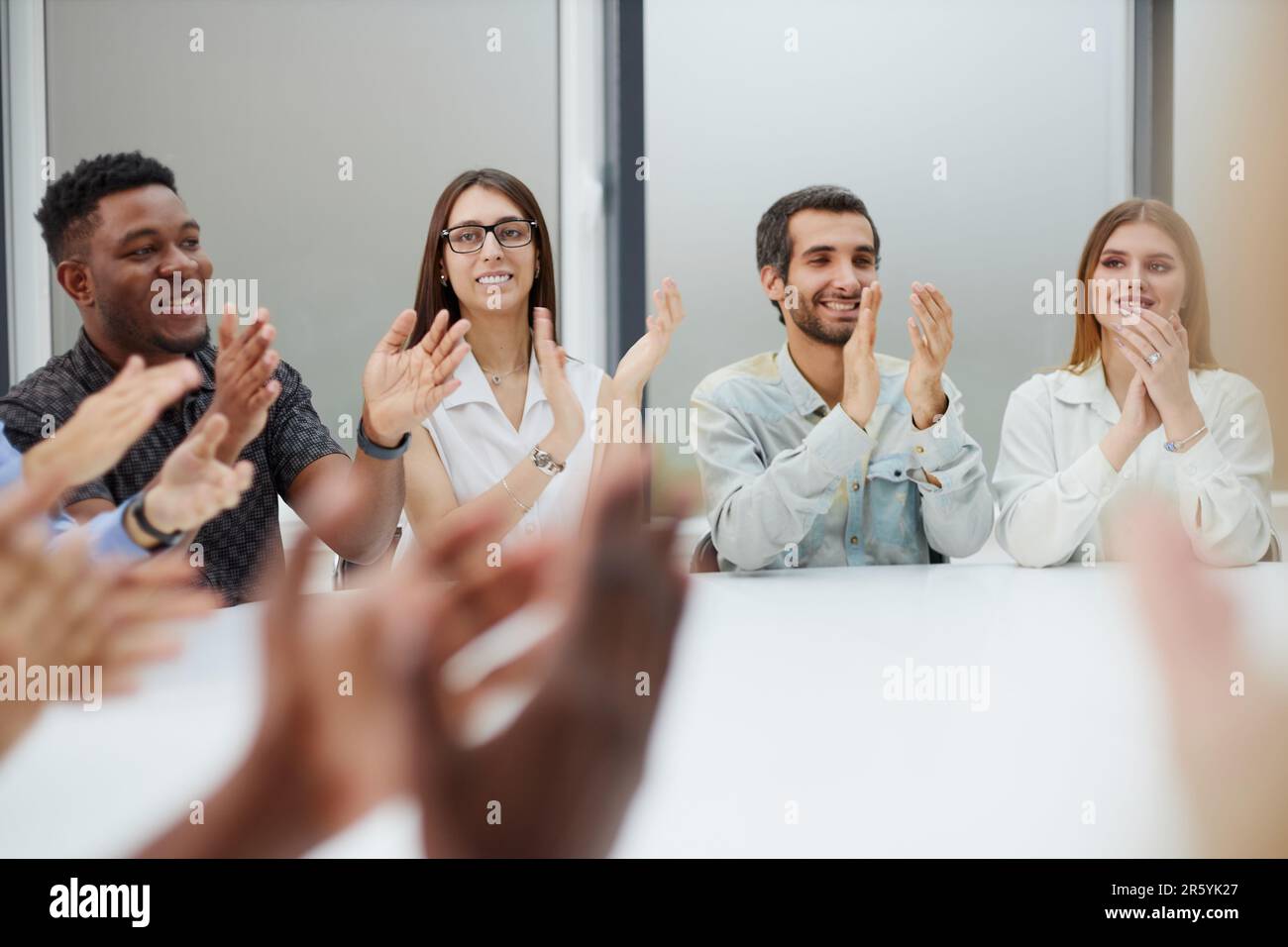 Presentation, teamwork or diversity team applause at meeting success ...