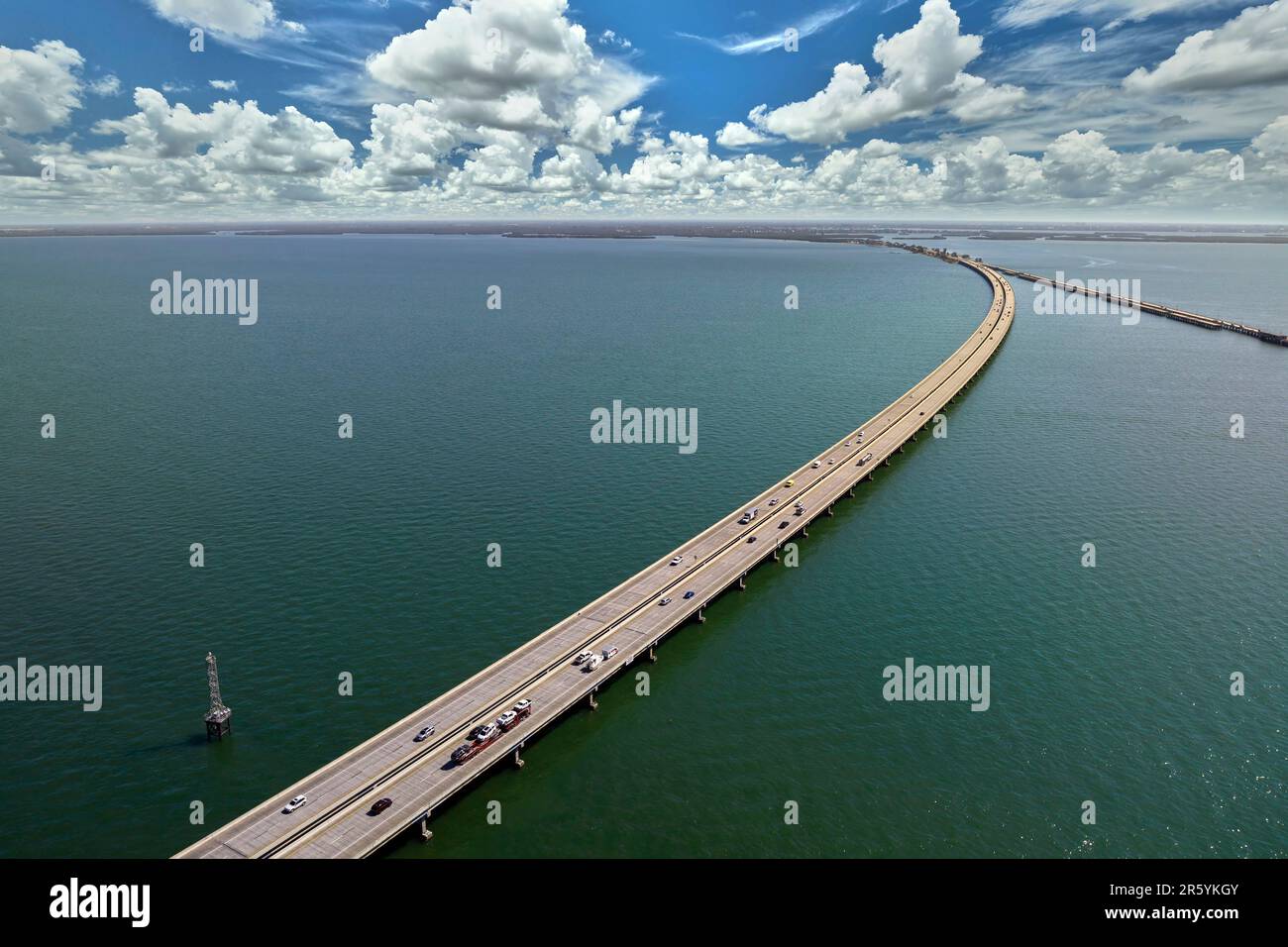 Sunshine Skyway Bridge over Tampa Bay in Florida with moving traffic ...