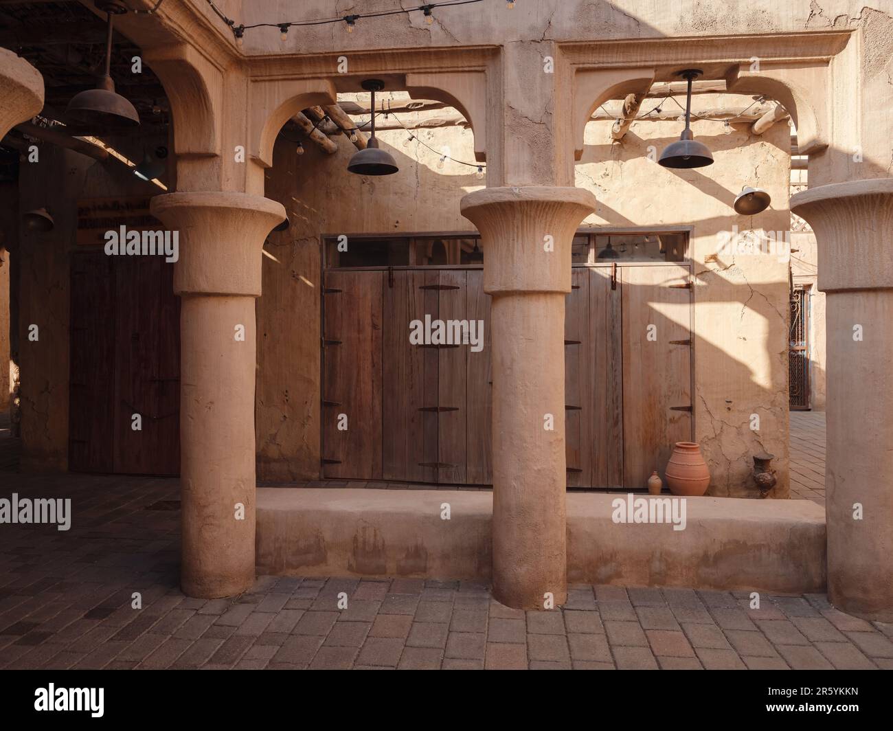Al seef old historical district with traditional Arabic architecture. old buildings and ...
