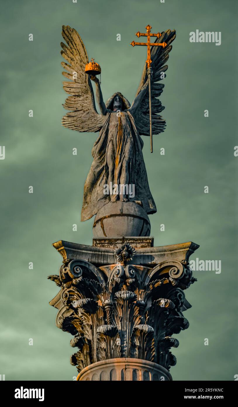 Statue of Archangel Gabriel at Heroes Square - Budapest Stock Photo - Alamy