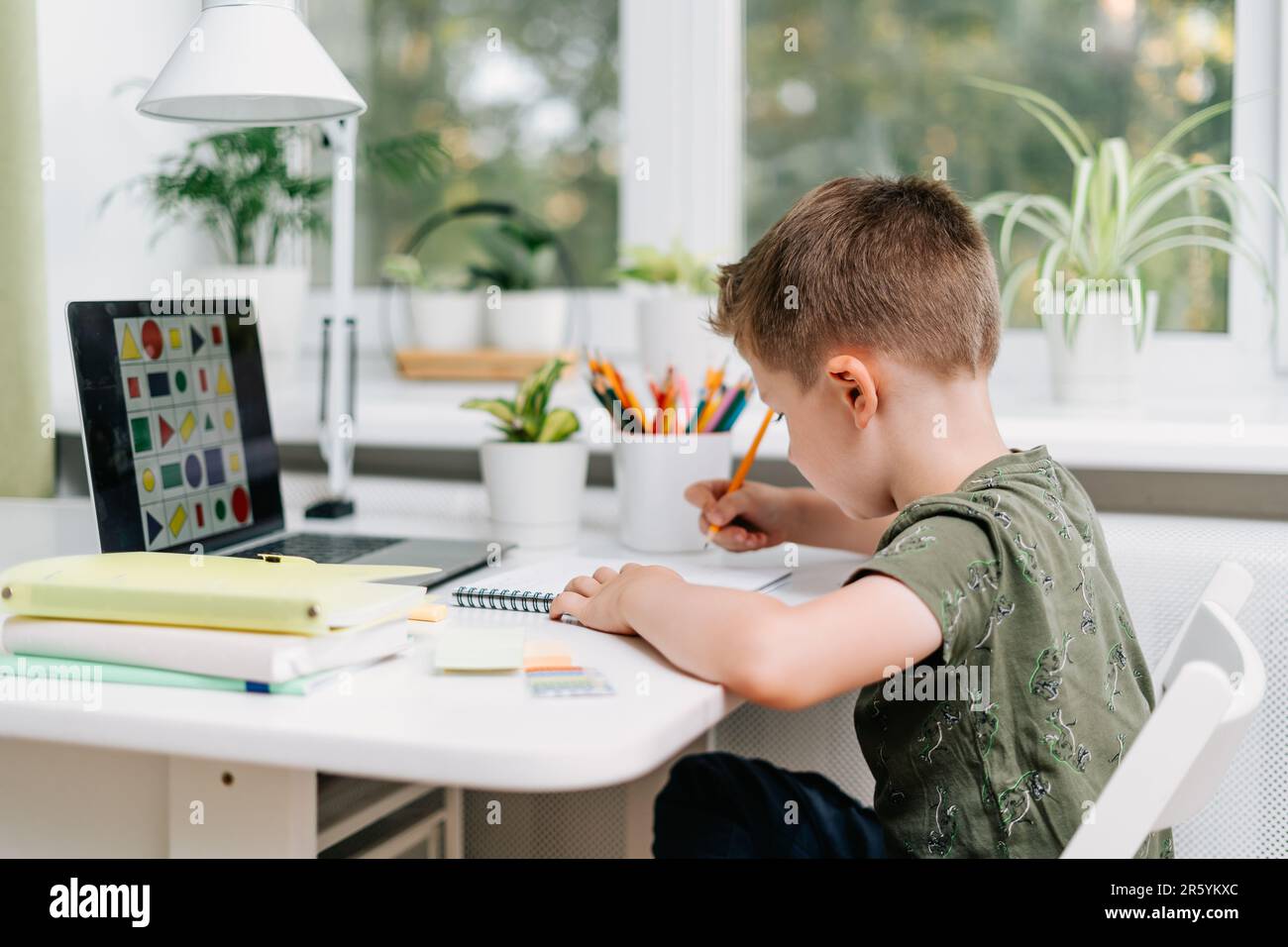 Distance learning online education. Caucasian smile kid boy studying at ...