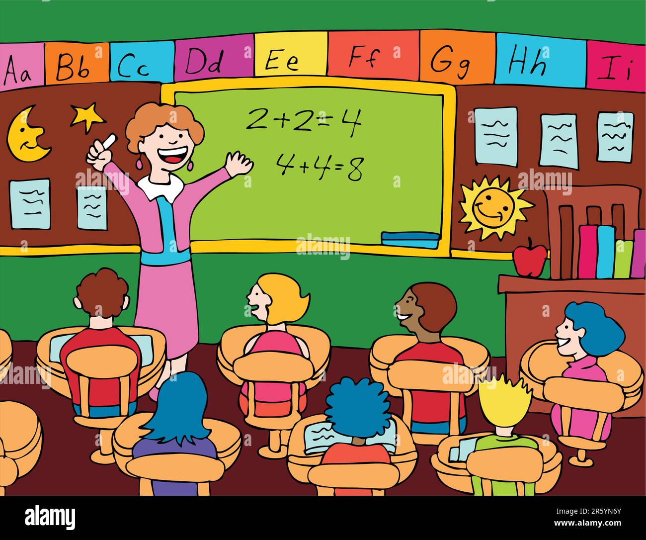 Female teacher gives a lecture to her elementary class on basic math in ...