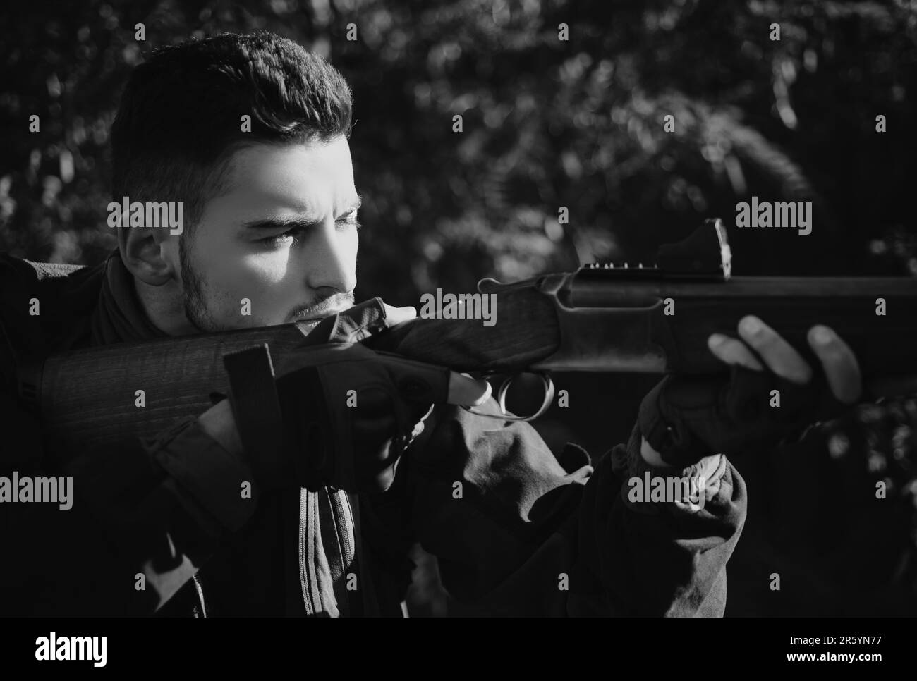 Hunter with shotgun gun on hunt. Hunter with Powerful Rifle with Scope ...