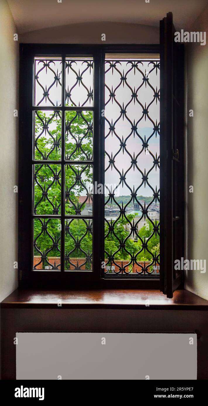Wrought iron grate on the window of the house with a beautiful view ...