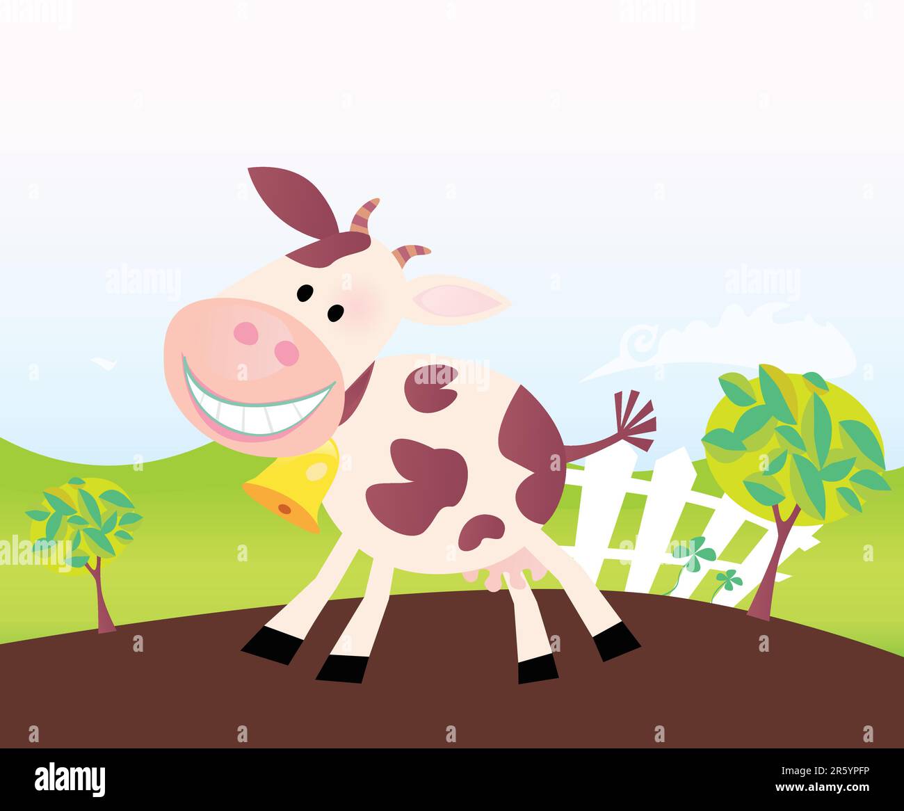 Farm scene with funny cow. Cartoon vector Illustration. Easy to resize ...