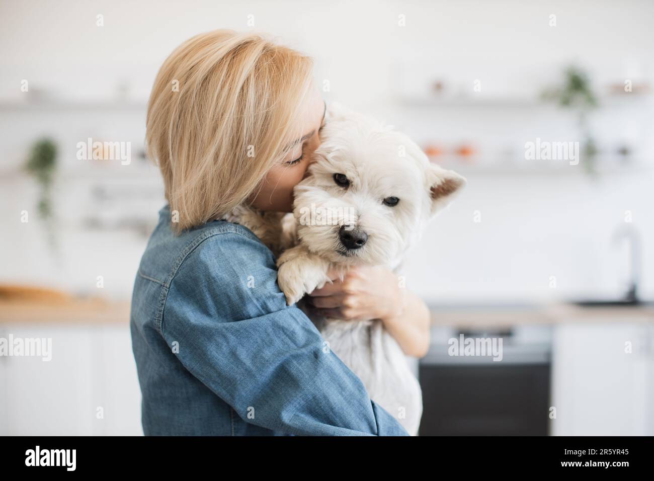 Close up view of tender young woman cuddling little white dog while ...