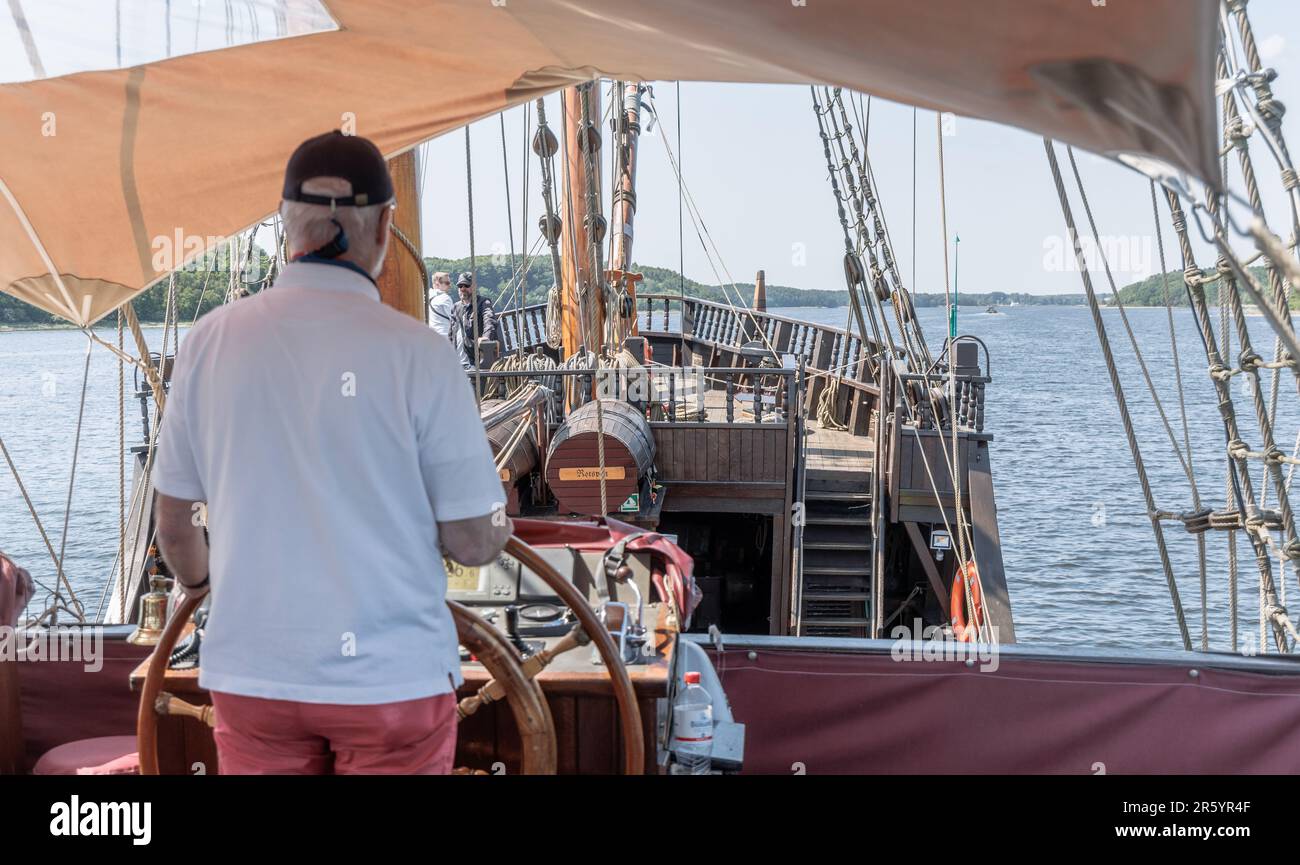 05 June 2023, Schleswig-Holstein, Lübeck: The Hanseatic ship "Lisa von Lübeck", a wooden motor ...