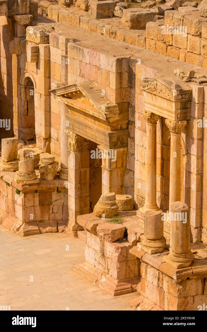 Jerash, Jordan close-up details of Roman amphitheater South Theatre in ...