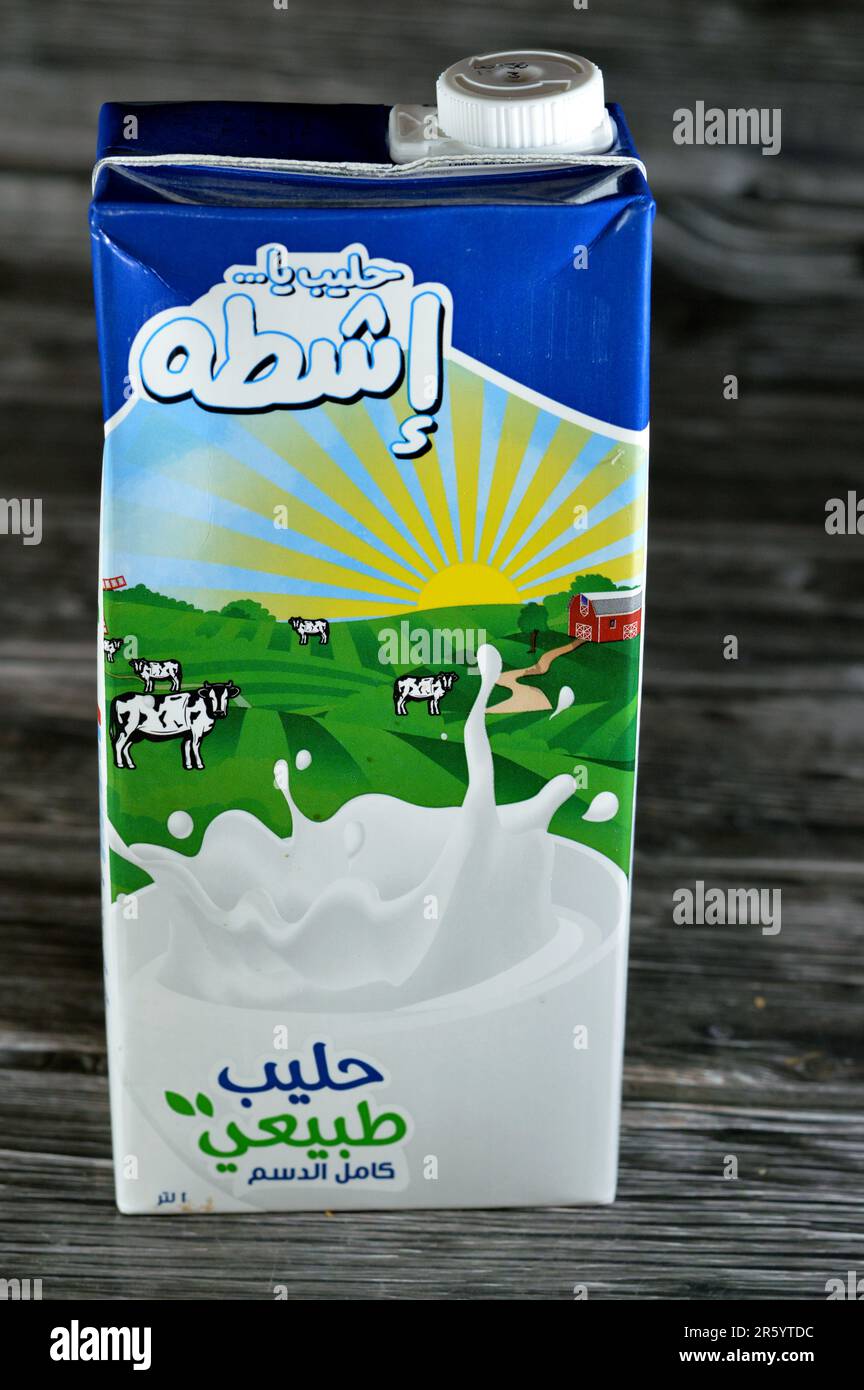 Cairo, Egypt, May 30 2023: Eshta full cream fresh cow's milk carton ...