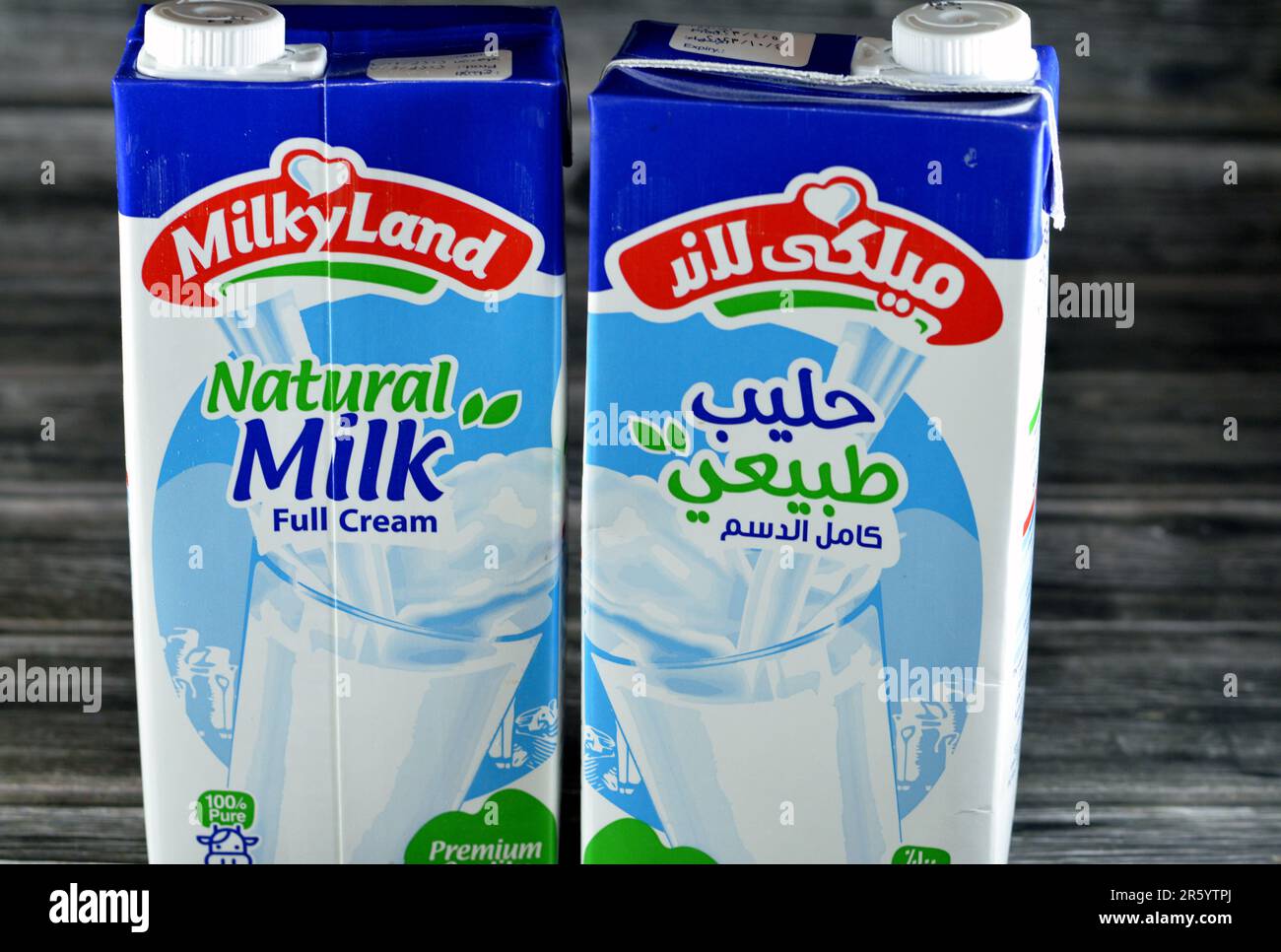 Cairo, Egypt, May 30 2023: MilkyLand full cream fresh cow's milk carton ...