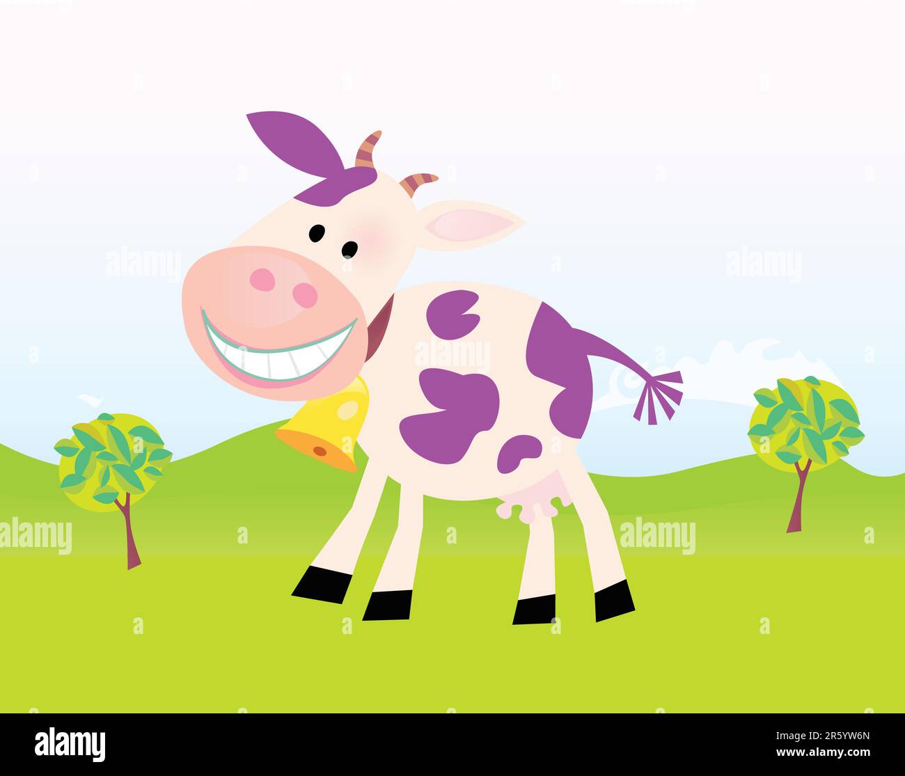 Farm scene with funny violet cow. Cartoon vector Illustration. Easy to ...