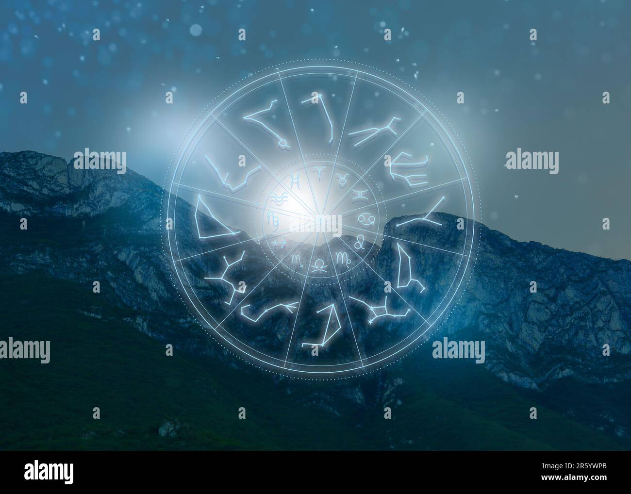 Zodiac wheel with 12 astrological signs and star constellations and ...