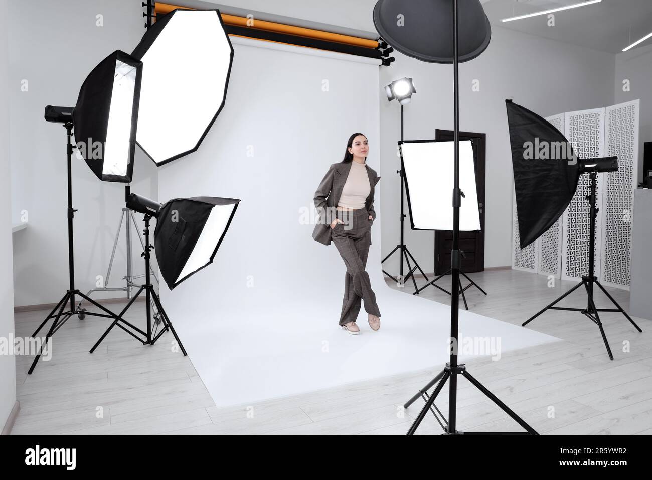 Beautiful young model posing in modern studio. Professional photo ...